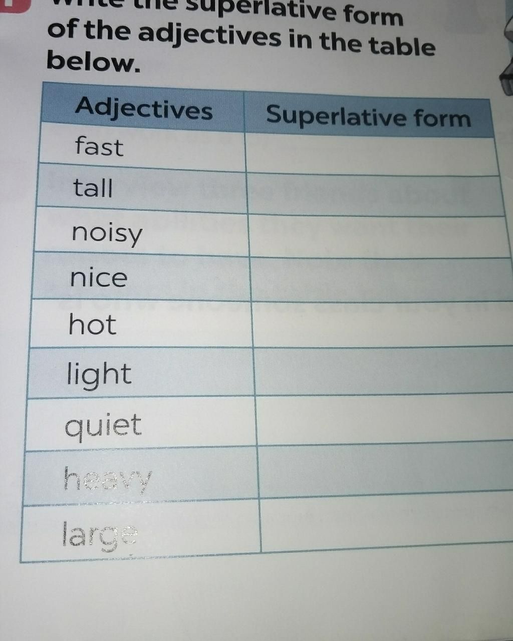 uperlative form of the adjectives in the table below. Adjectives ...