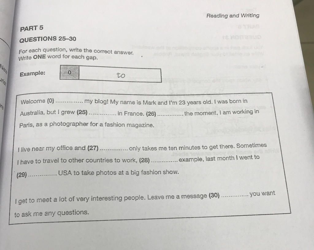 Arist Bre Reading and Writing PART 5 QUESTIONS 25-30 For each question, write the correct answer ...
