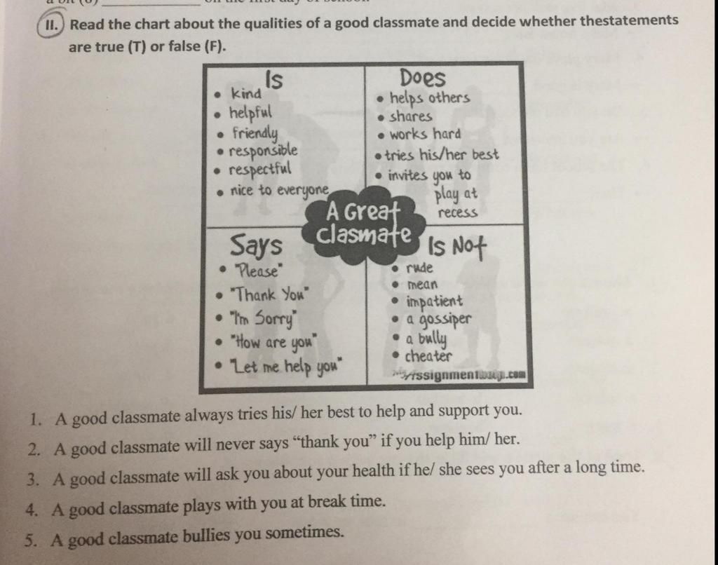 II. Read the chart about the qualities of a good classmate and decide ...
