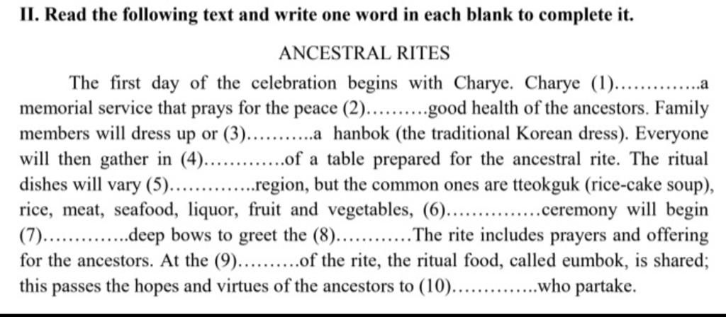 II. Read the following text and write one word in each blank to ...
