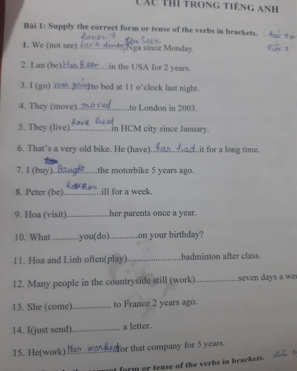 THỊ TRONG TIẾNG ANH Bài 1: Supply the correct form or tense of the ...
