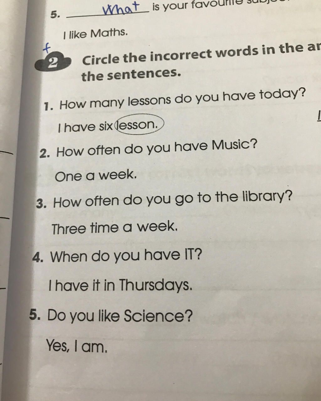 5. f 2 What is your fa I like Maths. Circle the incorrect words in the ...