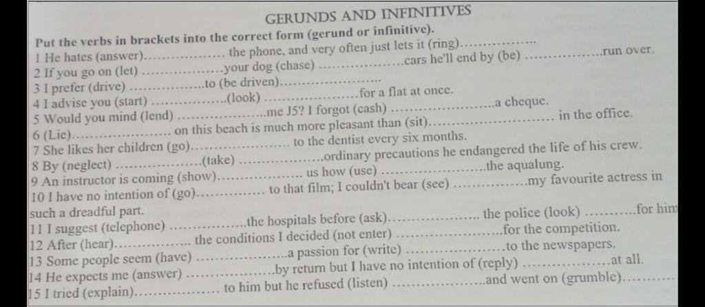 GERUNDS AND INFINITIVES Put the verbs in brackets into the correct form ...