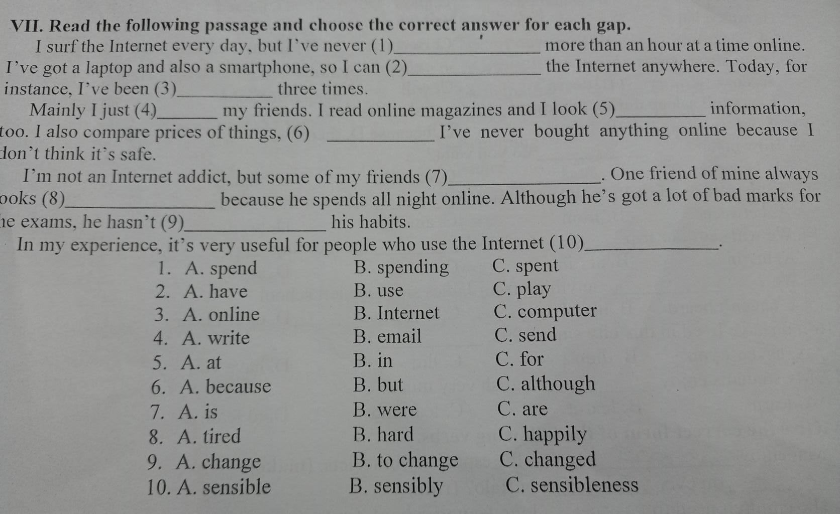 VII. Read the following passage and choose the correct answer for each ...
