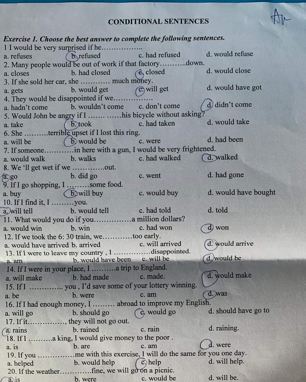 CONDITIONAL SENTENCES Exercise 1. Choose the best answer to complete ...