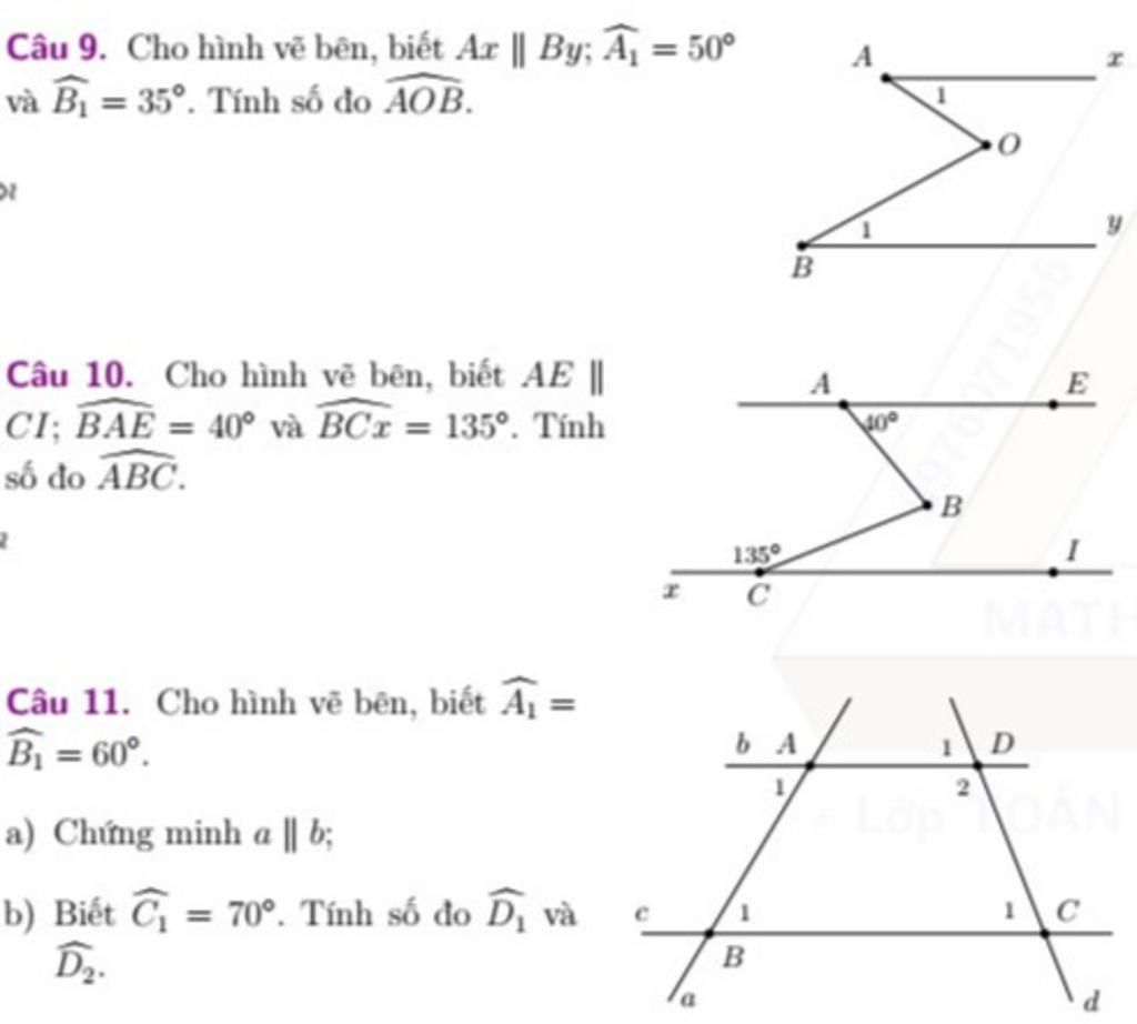 Câu 9. Cho hình vẽ bên, biết Az || By; Âu = 50° và Bị = 35°. Tính số đo ...