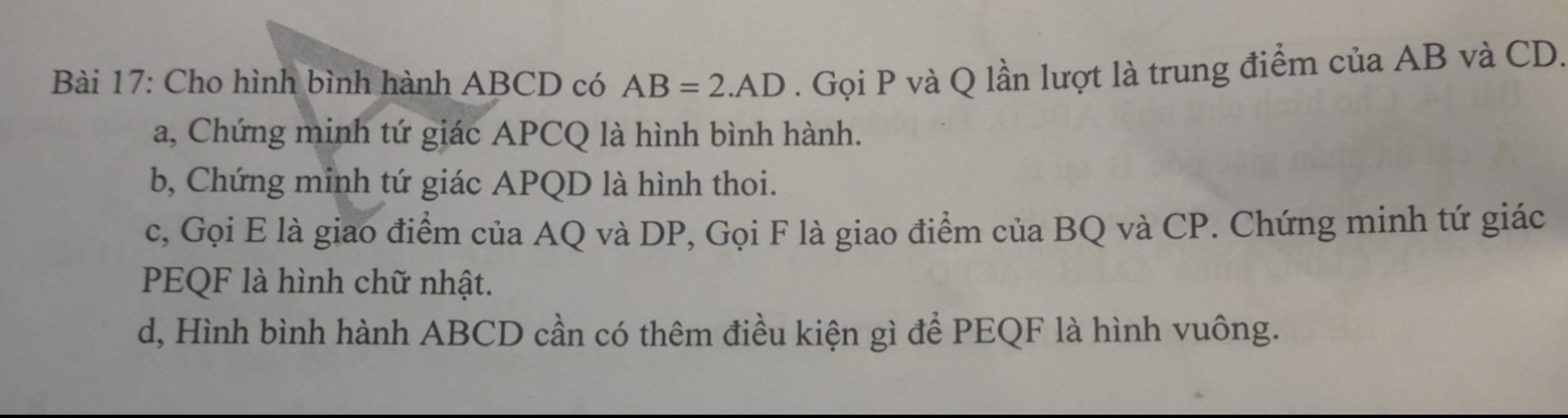 Bài 17: Cho hình bình hành ABCD có AB = 2.AD . Gọi P và Q lần lượt là ...