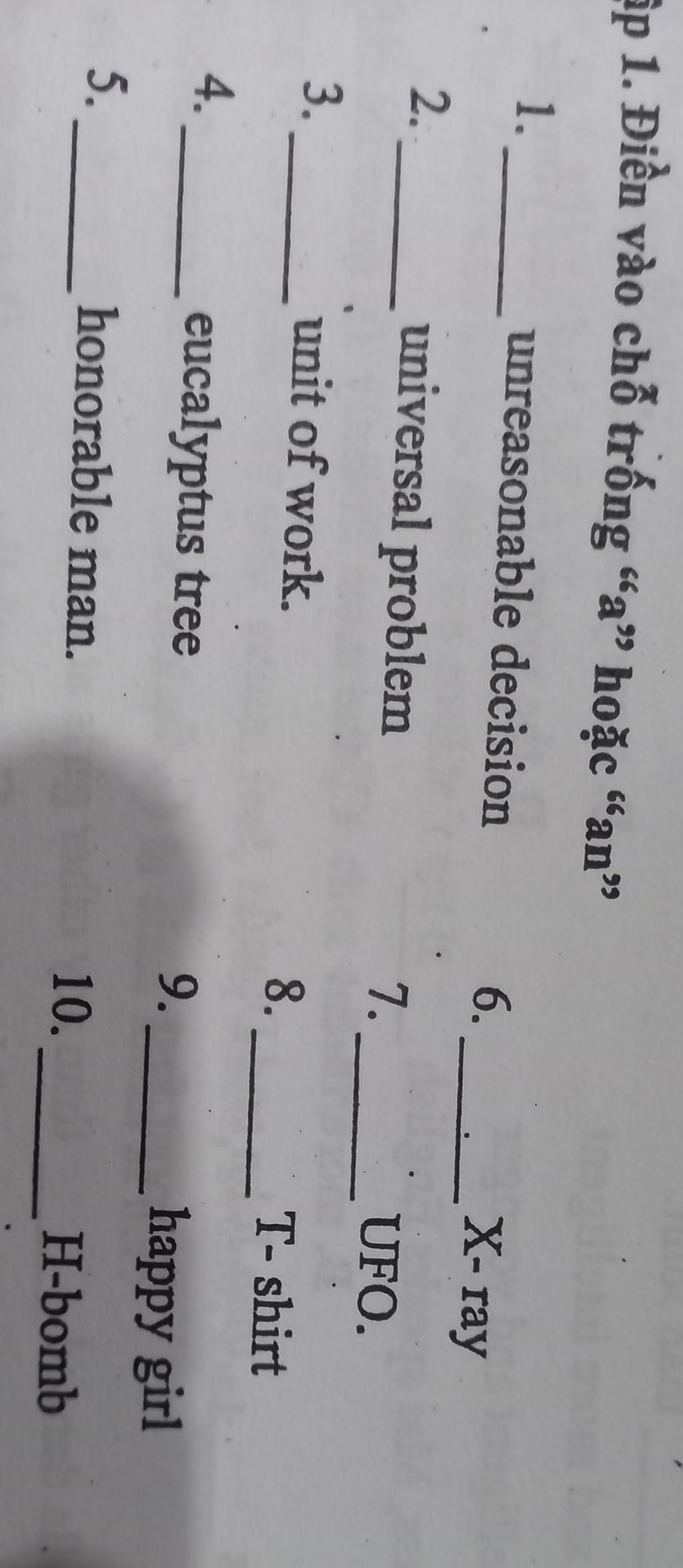 ip 1. Điền vào chỗ trống “a” hoặc “an "9 1. unreasonable decision 2.. 3 ...