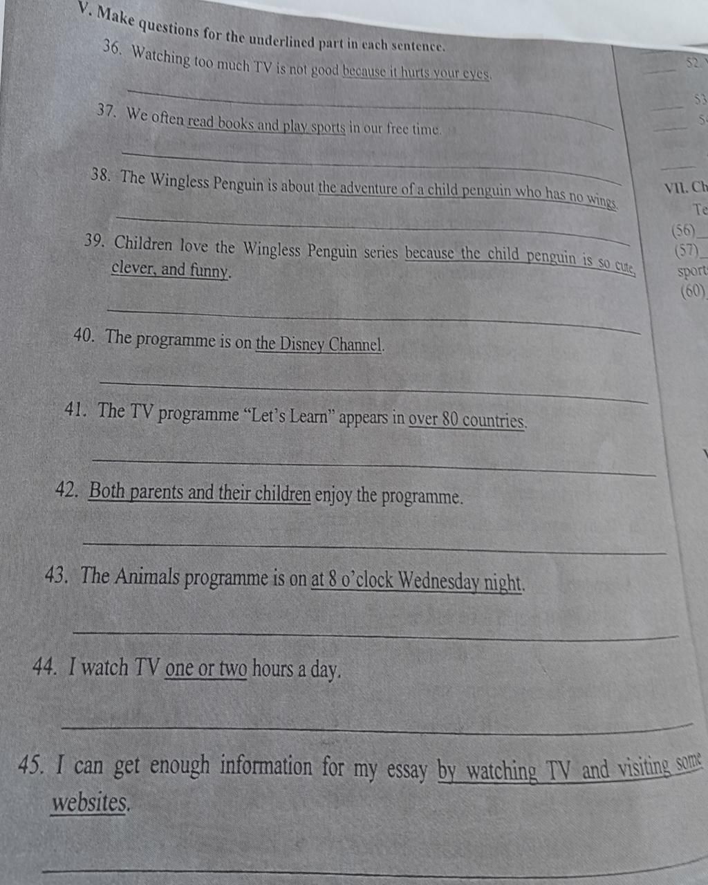 V. Make questions for the underlined part in each sentence. 36 ...