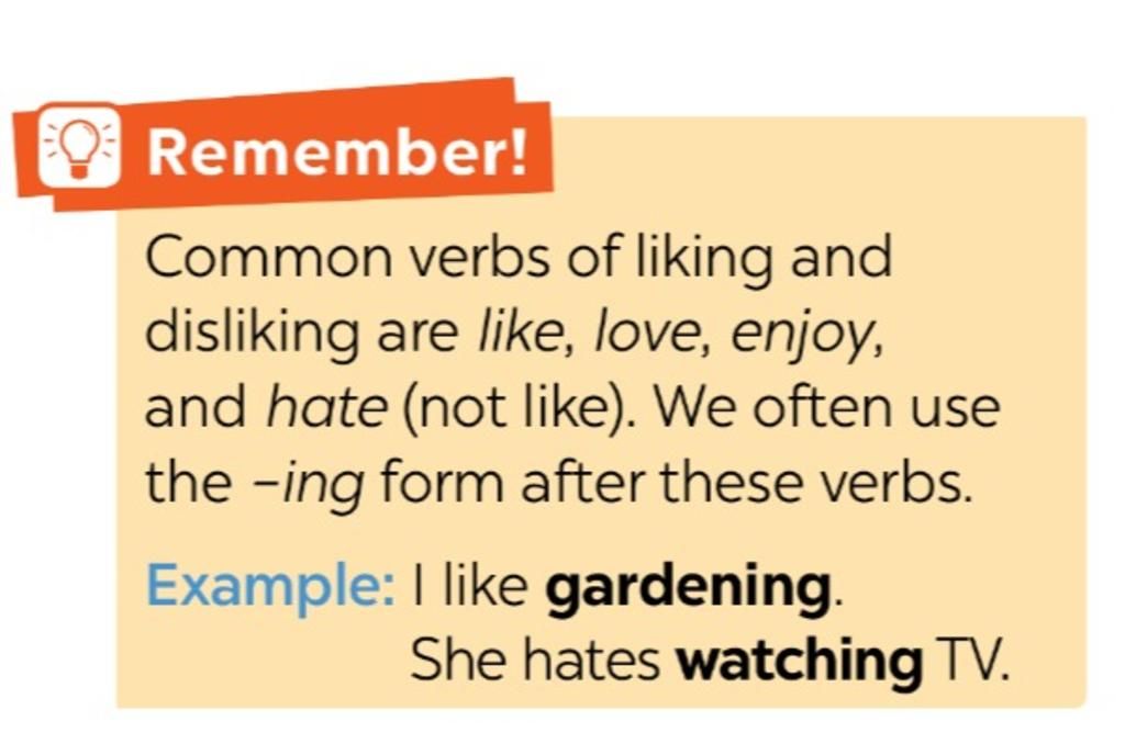 Remember! Common verbs of liking and disliking are like, love, enjoy ...
