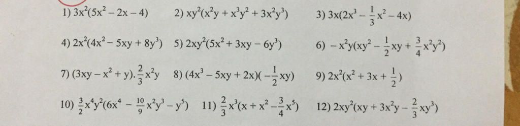 1) 3x²(5x² - 2x - 4) 2) xy²(x²y + x³y² + 3x²y³) 4) 2x²(4x²-5xy + 8y³) 5 ...