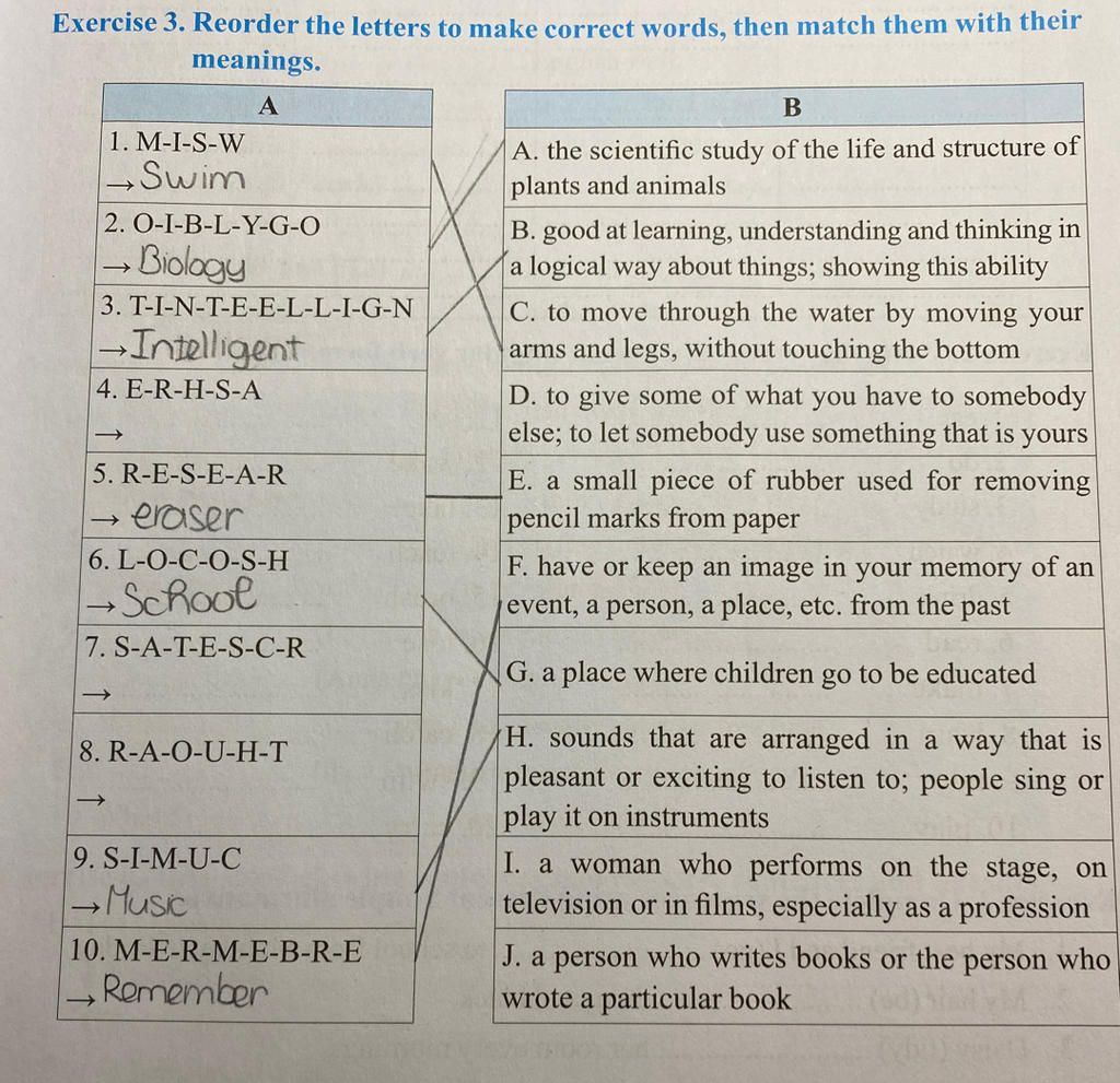 Exercise 3. Reorder the letters to make correct words, then match them ...