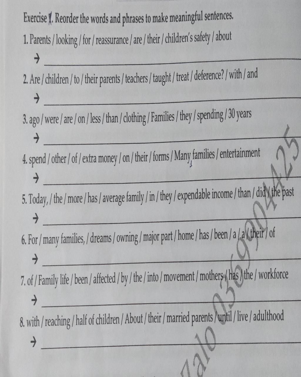 Exercise . Reorder the words and phrases to make meaningful sentences ...