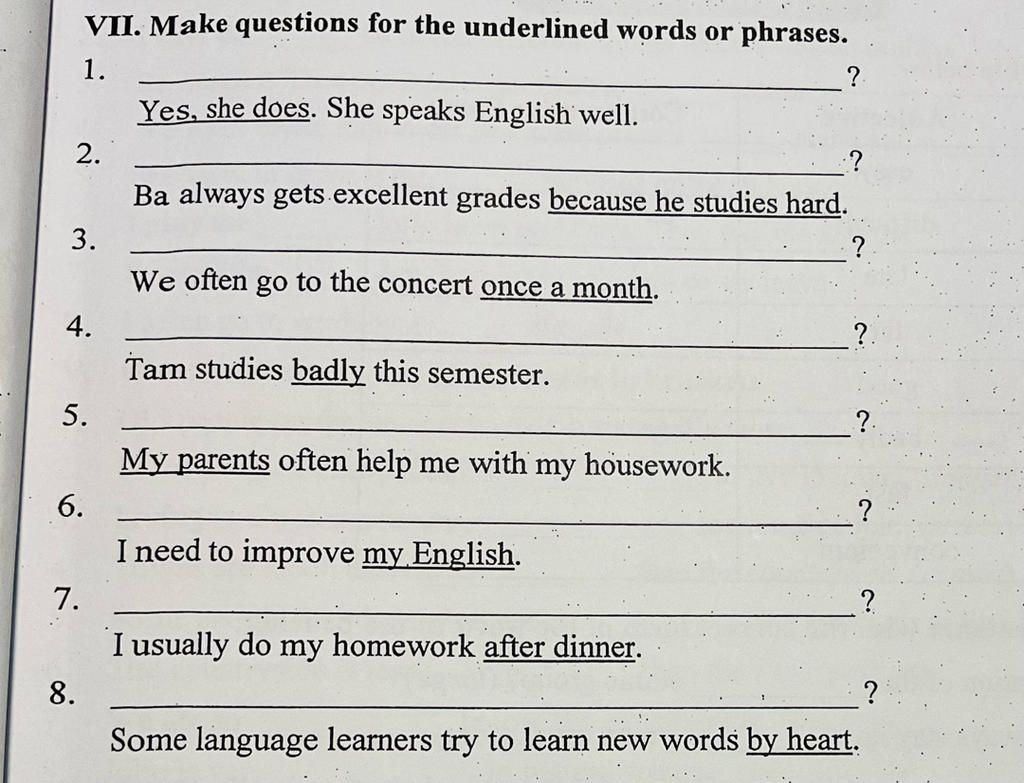 2. 3. VII. Make questions for the underlined words or phrases. 1. 4. 5 ...