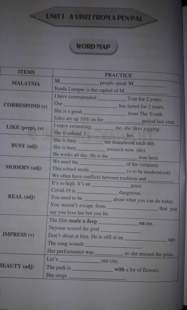 ITEMS MALAYSIA CORRESPOND (v) LIKE (prep), (v) BUSY (adj) MODERN (adj ...