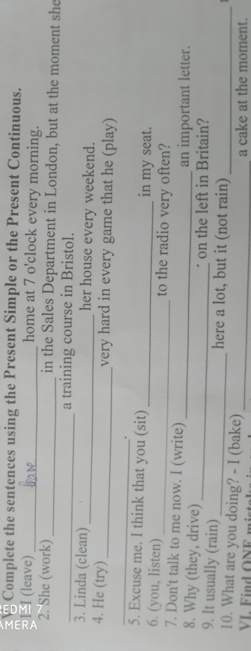 AMERA REDMI Complete the sentences using the Present Simple or the ...