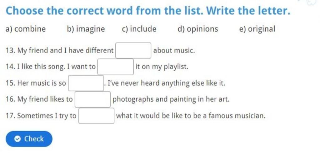 Choose the correct word from the list. Write the letter. a) combine b ...