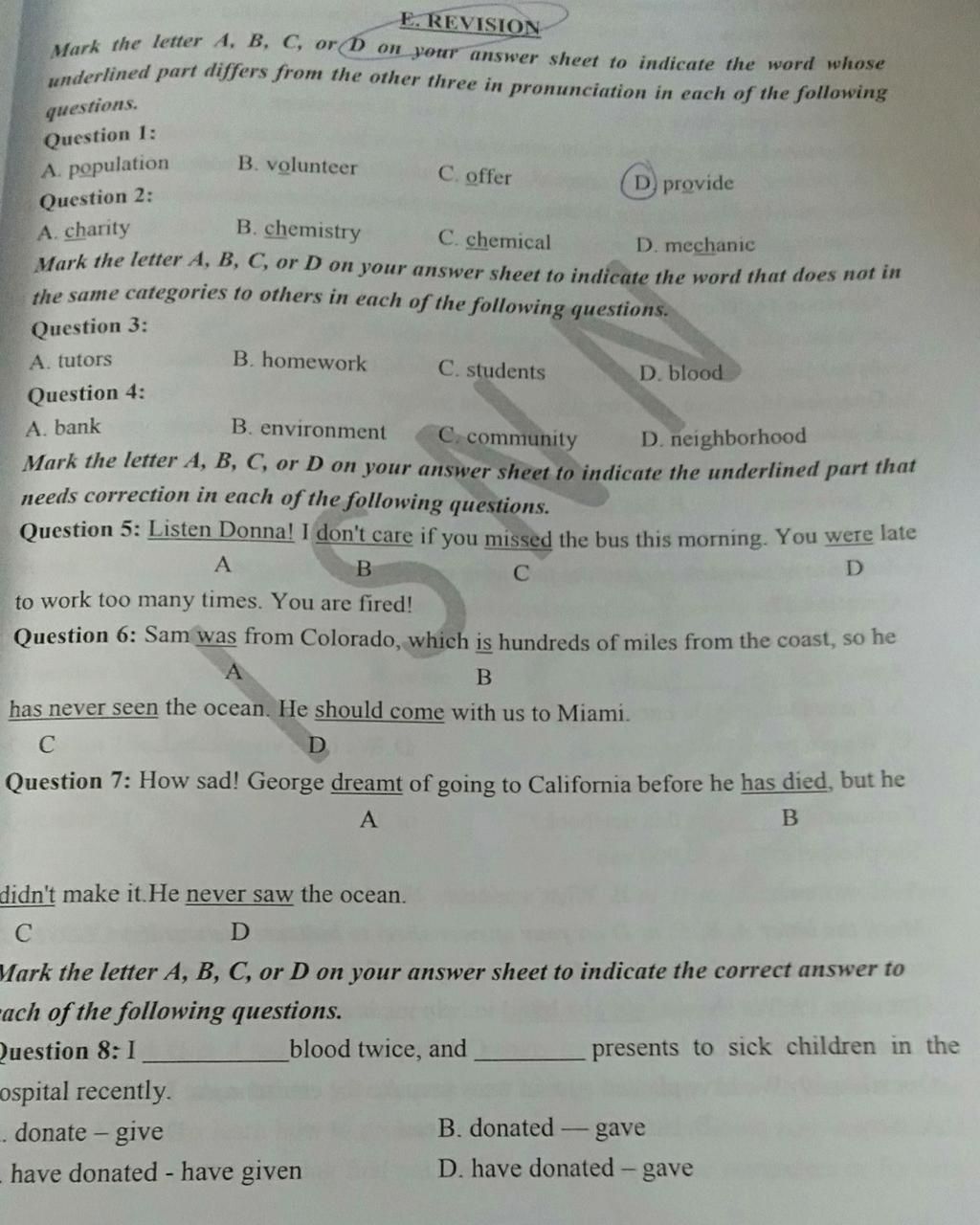 E. REVISION Mark the letter A, B, C, or D on your answer sheet to ...