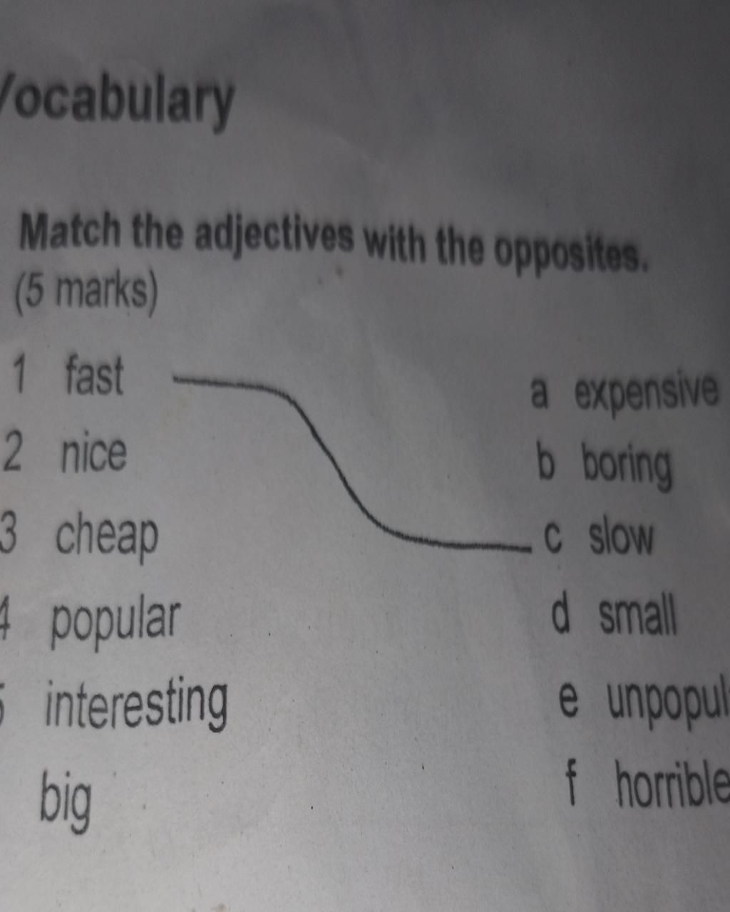 Vocabulary Match the adjectives with the opposites. (5 marks) 1 fast 2 ...
