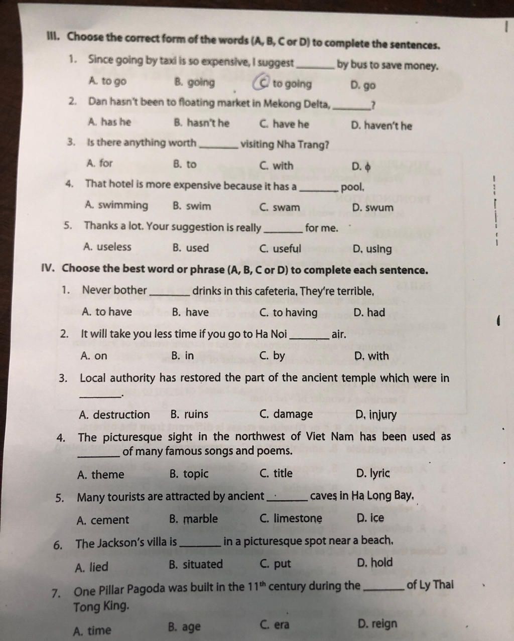 III. Choose the correct form of the words (A, B, C or D) to complete ...