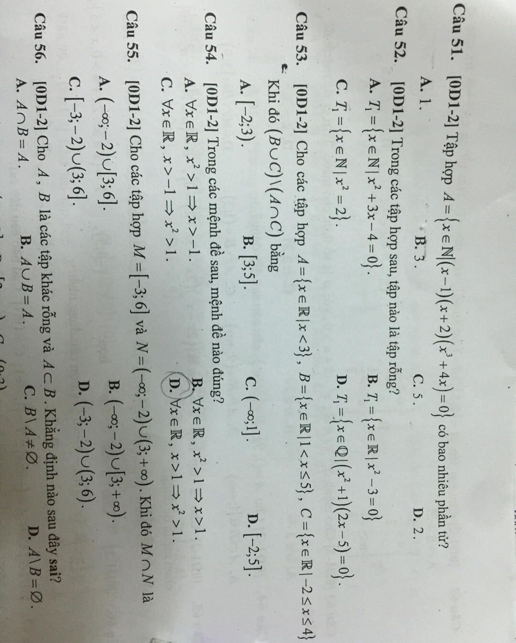 Câu 51. 0D1-2] Tập hợp A={x=N|(x−1)(x+2)(x +4x)=0} có bao nhiêu phần tử? A. 1. B. 3. C. 5. D. 2 ...
