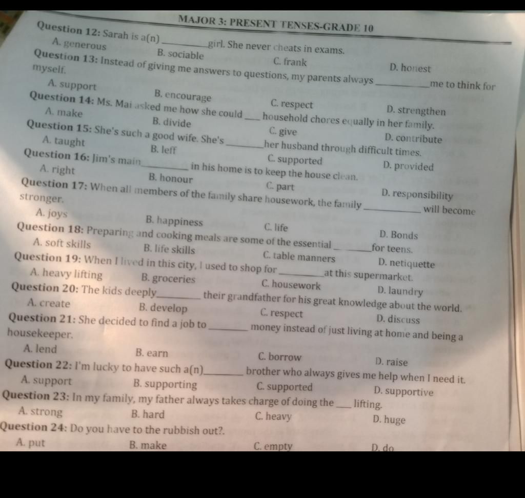 MAJOR 3: PRESENT TENSES-GRADE 10 Question 12: Sarah is a(n). A ...