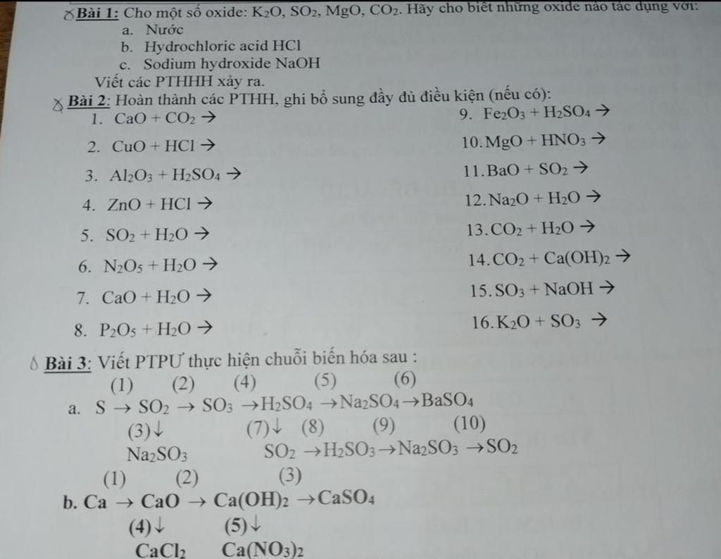 > Bài 1: Cho một số oxide: K2O, SO2, MgO, CO2. Hãy cho biết những oxide nào tác dụng với a. Nước ...