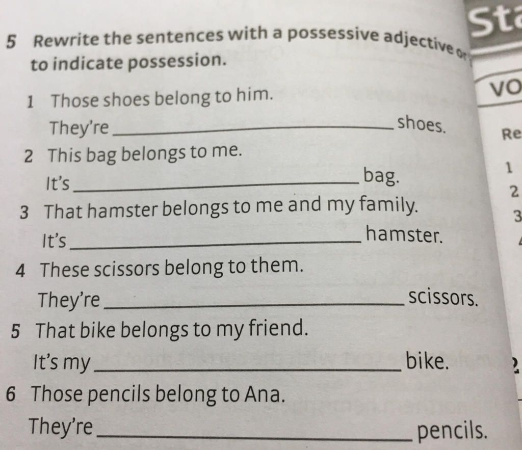 5 Rewrite the sentences with a possessive adjective or to indicate ...
