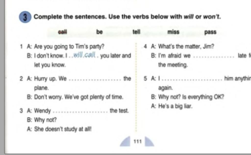 3 Complete the sentences. Use the verbs below with will or won't. call ...