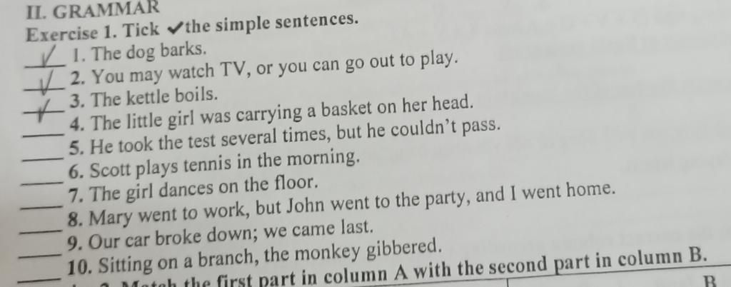 II. GRAMMAR Exercise 1. Tick the simple sentences. 1. The dog barks ...