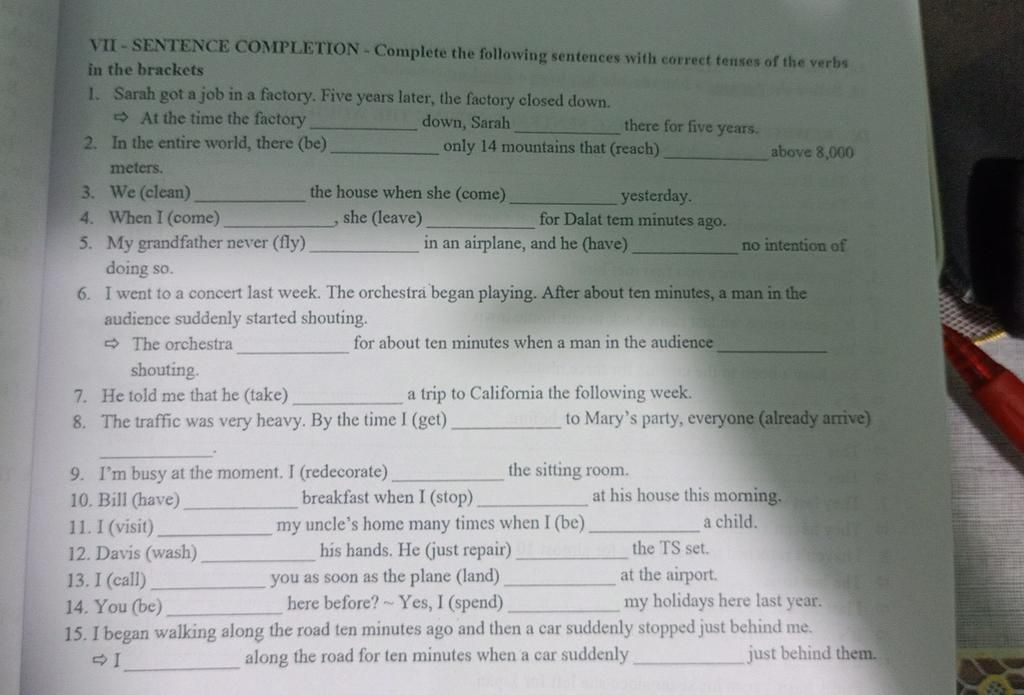 VII-SENTENCE COMPLETION - Complete the following sentences with correct ...