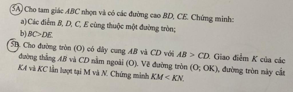 (SA) Cho tam giác ABC nhọn và có các đường cao BD, CE. Chứng minh: a) Các điểm B, D, C, E cùng ...