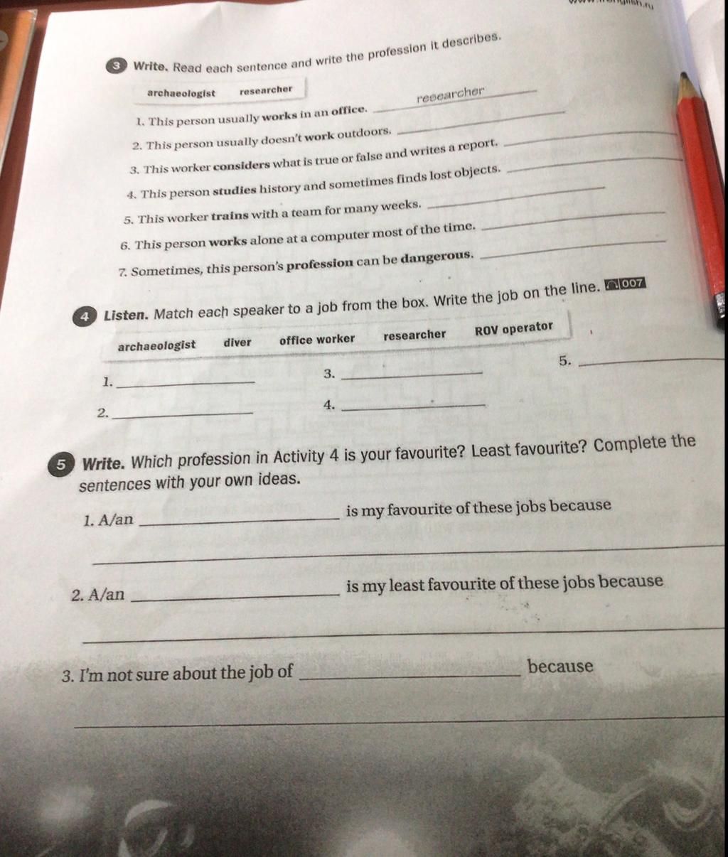 4 3 Write. Read each sentence and write the profession it describes. 1 ...