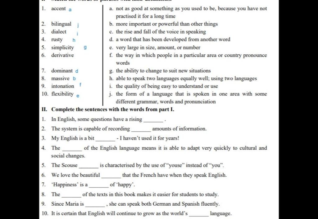 1. accent a 2. bilingual j i 3. dialect 4. rusty h 5. simplicity 6 ...