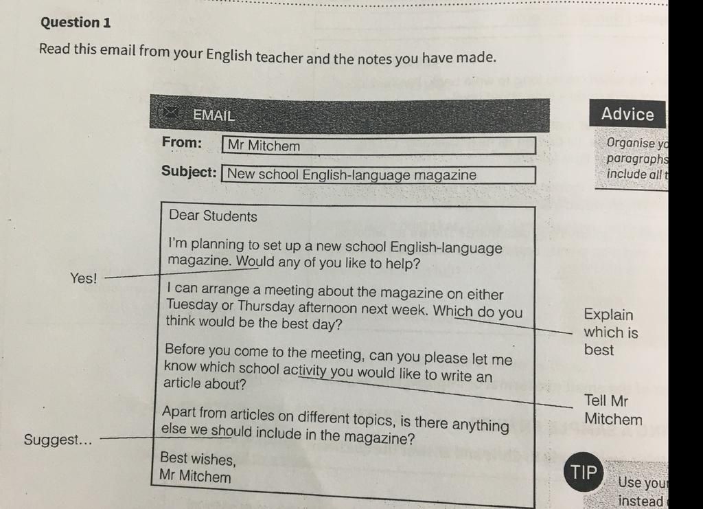 Question 1 Read this email from your English teacher and the notes you ...