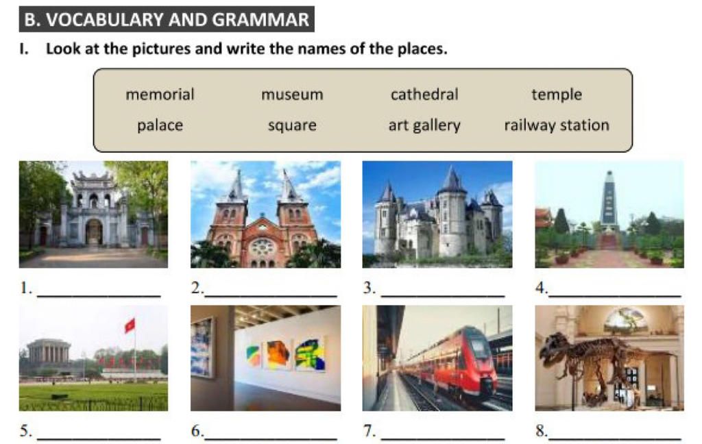 B. VOCABULARY AND GRAMMAR I. Look at the pictures and write the names ...