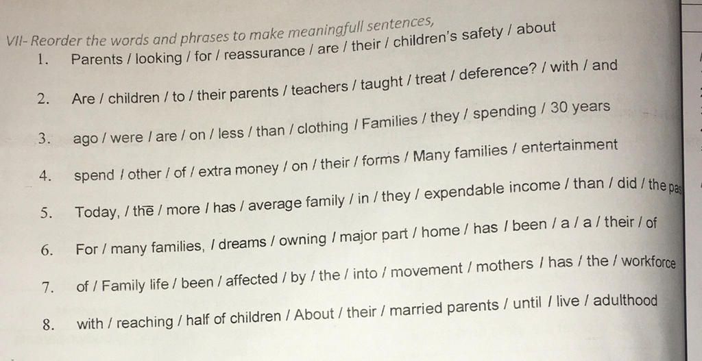 VII-Reorder the words and phrases to make meaningfull sentences, 1 ...