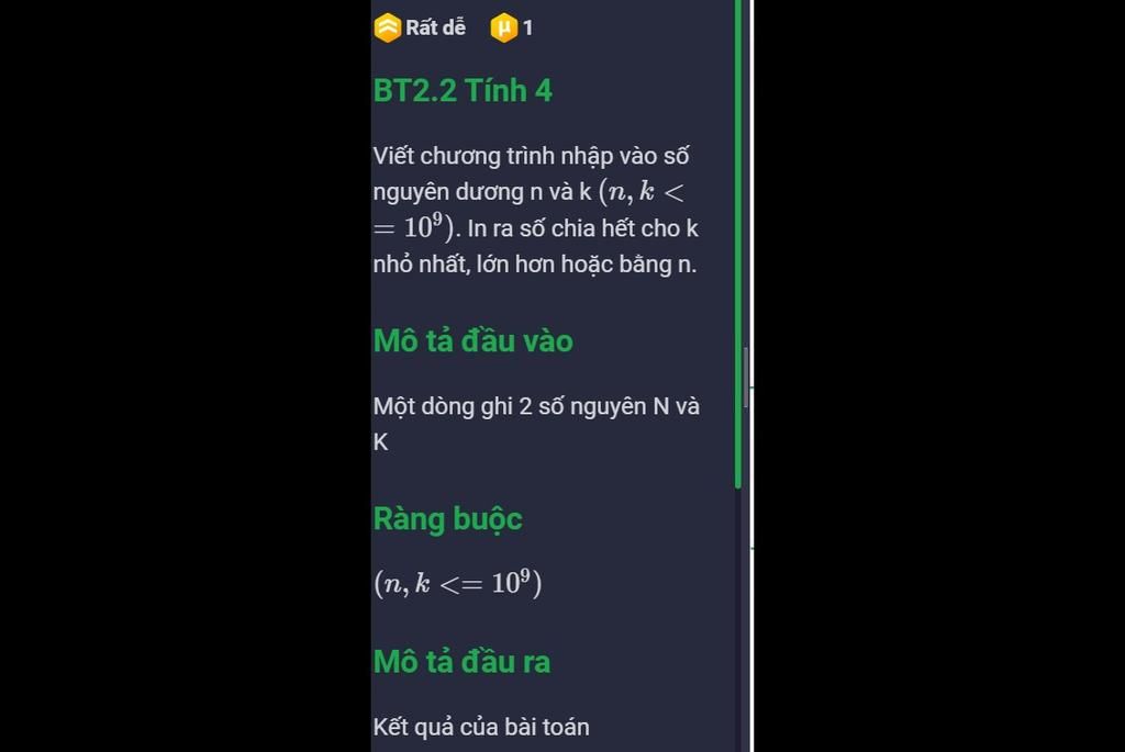 | Rất dễ BT2.2 Tính 4 Viết chương trình nhập vào số nguyên dương n và k(n,k