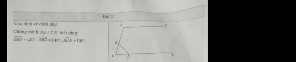 Cho hình vẽ dưới đây. Chứng minh FA CE biết rằng: BAF=120°; ABD=140 ...