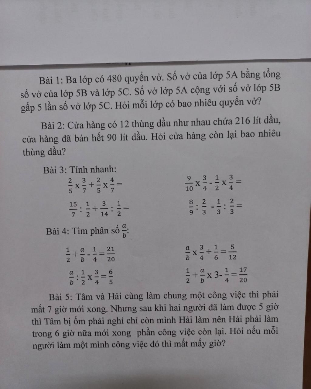 Bài 1: Ba lớp có 480 quyển vở. Số vở của lớp 5A bằng tổng số vở của lớp ...