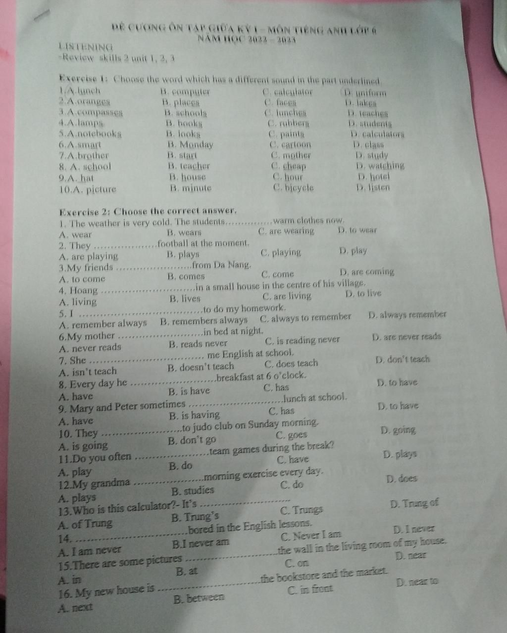 LISTENING -Review skills 2 unit 1, 2, 3 ĐỀ CƯƠNG ÔN TẬP CHƯA KỲI MÔN ...