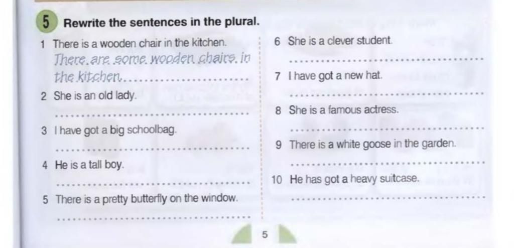 5 Rewrite the sentences in the plural. 1 There is a wooden chair in the ...