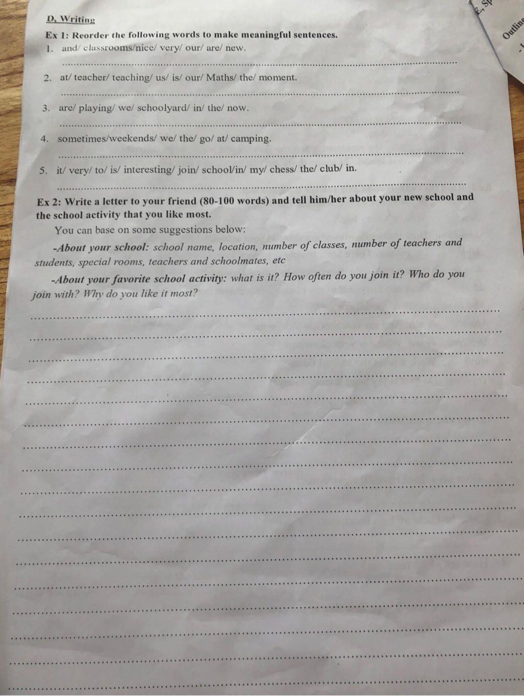 D, Writing Ex 1: Reorder the following words to make meaningful ...
