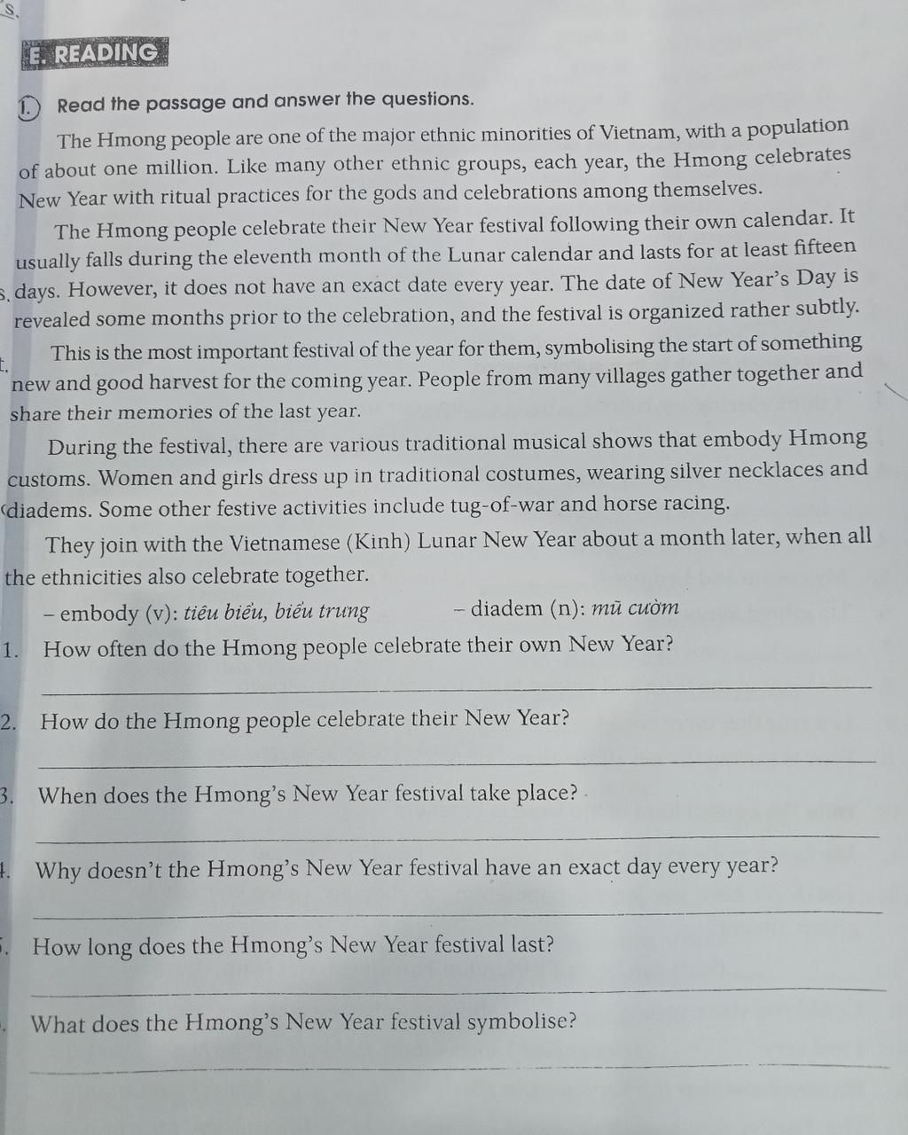 S. E. READING 1. Read the passage and answer the questions. The Hmong ...