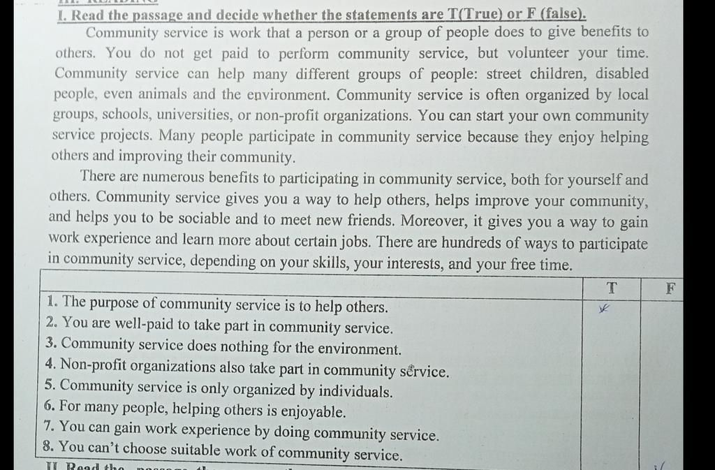 I. Read the passage and decide whether the statements are T(True) or F ...