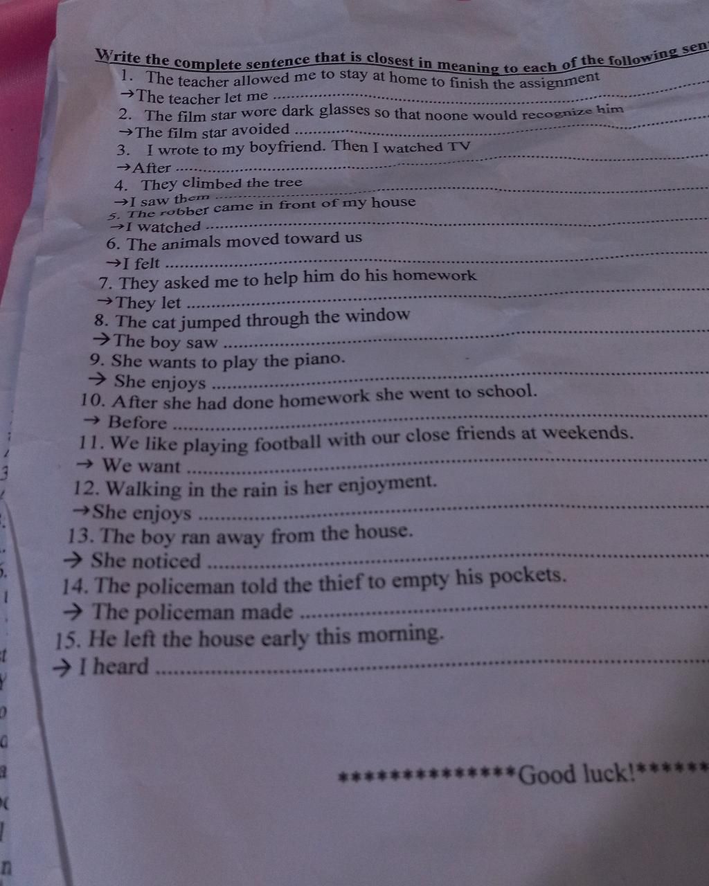 Y D 1 n Write the complete sentence that is closest in meaning to each ...