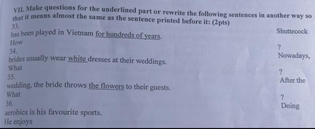 VII. Make questions for the underlined part or rewrite the following ...
