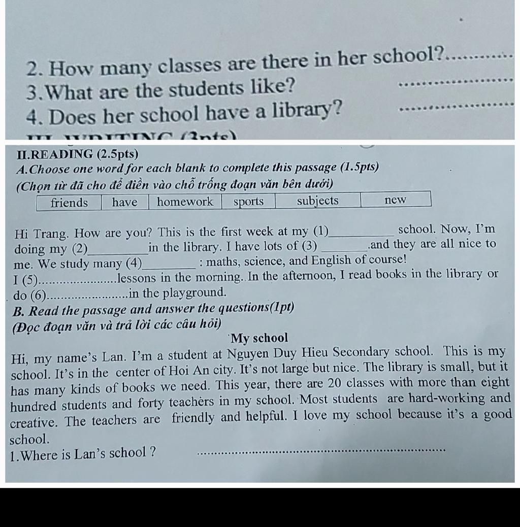 2. How many classes are there in her school?......... 3. What are the ...