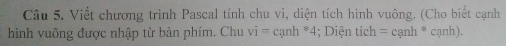 Câu 5. Viết chương trình Pascal tính chu vi, diện tích hình vuông. (Cho ...