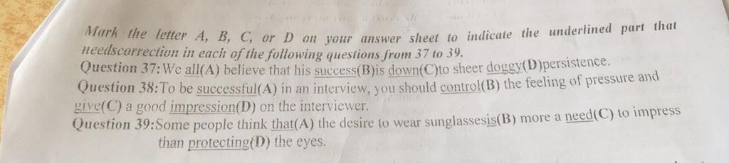 Mark the letter A, B, C, or D on your answer sheet to indicate the ...